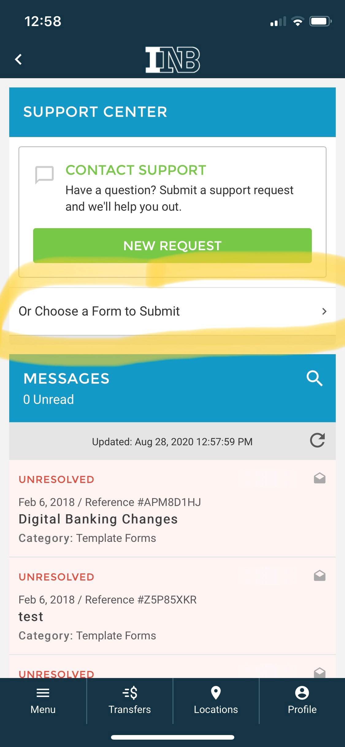 How to send messages to INB from within digital banking
